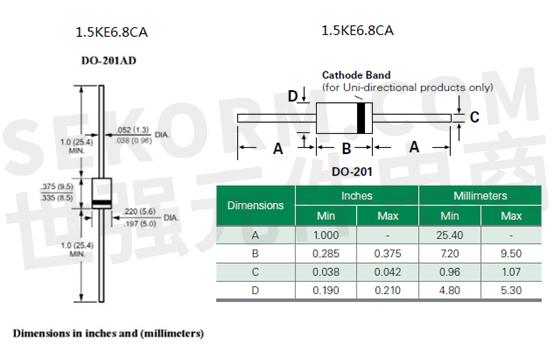 pin-pin替代SEMTECH公司1.5KE6.8CA的1500W双向TVS管，成本降低5%~10