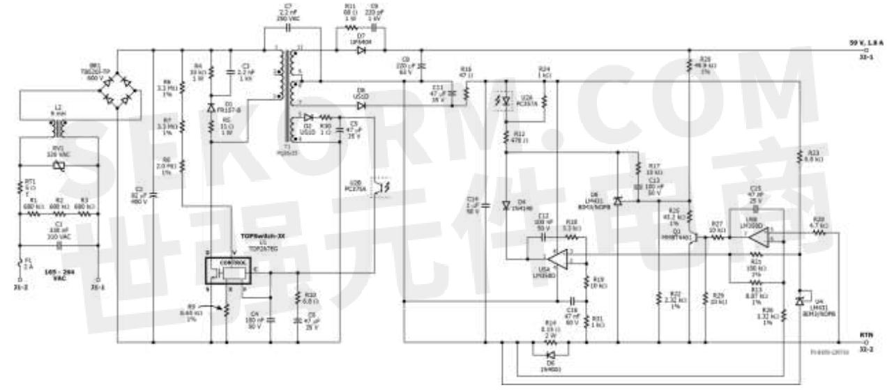【应用】采用TOP267EG离线式开关IC设计的106W无PFC恒压恒流反激式充电器电源方案