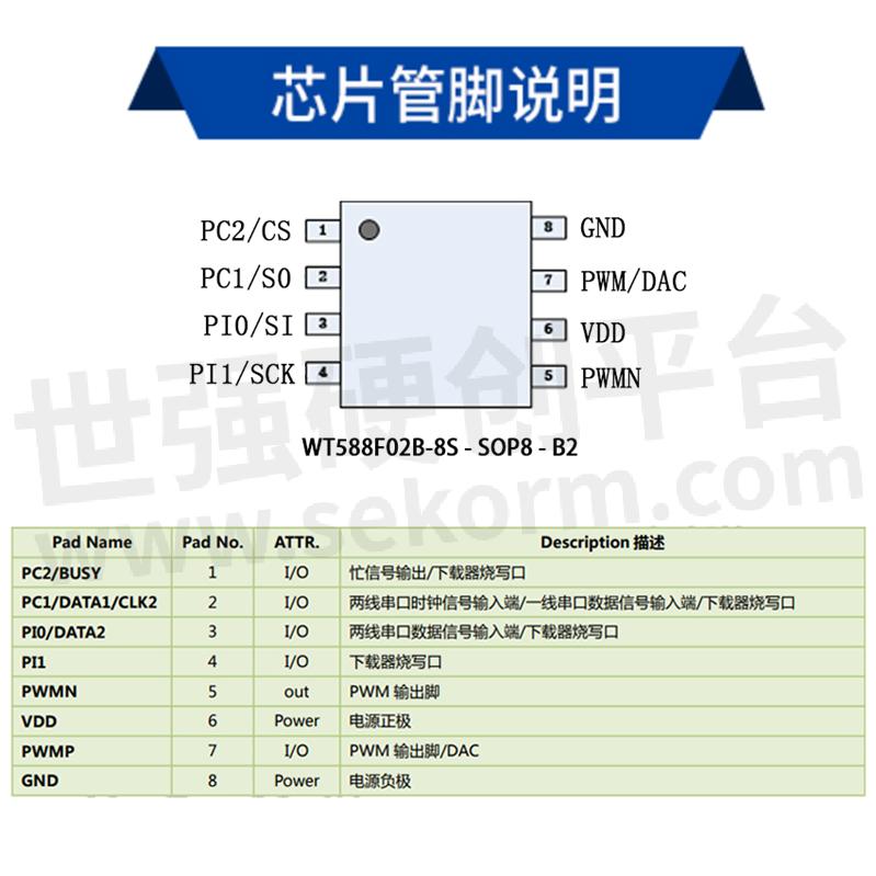 【产品】采用SOP8封装的Flash语音芯片WT588F，支持在线更换语音，直推8欧0.5W的喇叭