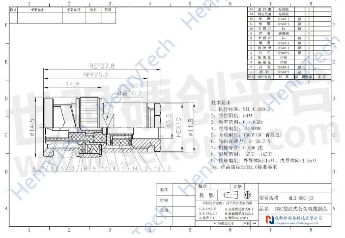 BNC型射频连接器HL2-BNC-J3，带宽覆盖DC-6GHz，介质耐压≥1500V，绝缘电阻≥50