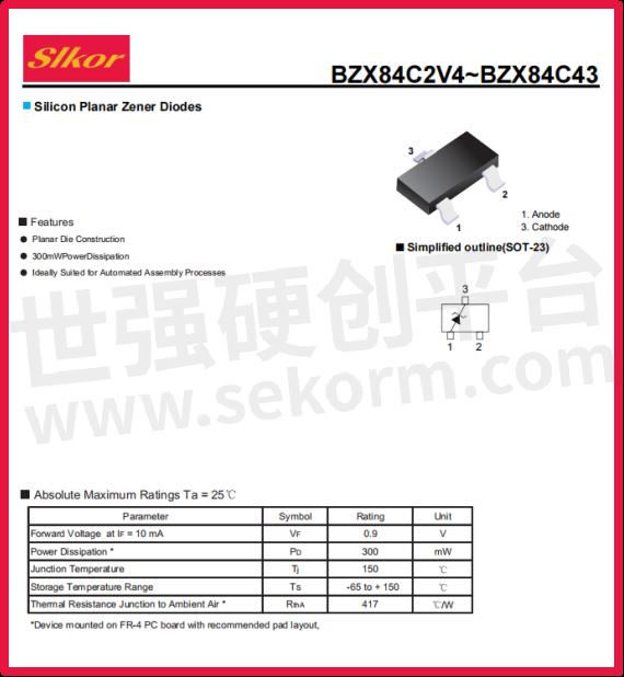 Zener Diode BZX84C3V0 with 3V Nominal Voltage and