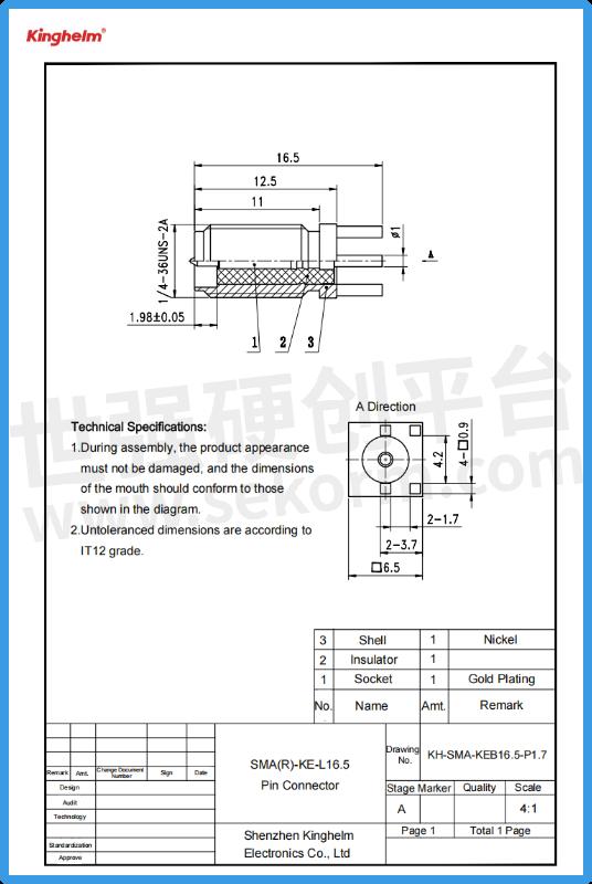 Kinghelm SMA RF Connector KH-SMA-KEB16.5-P1.7: A P